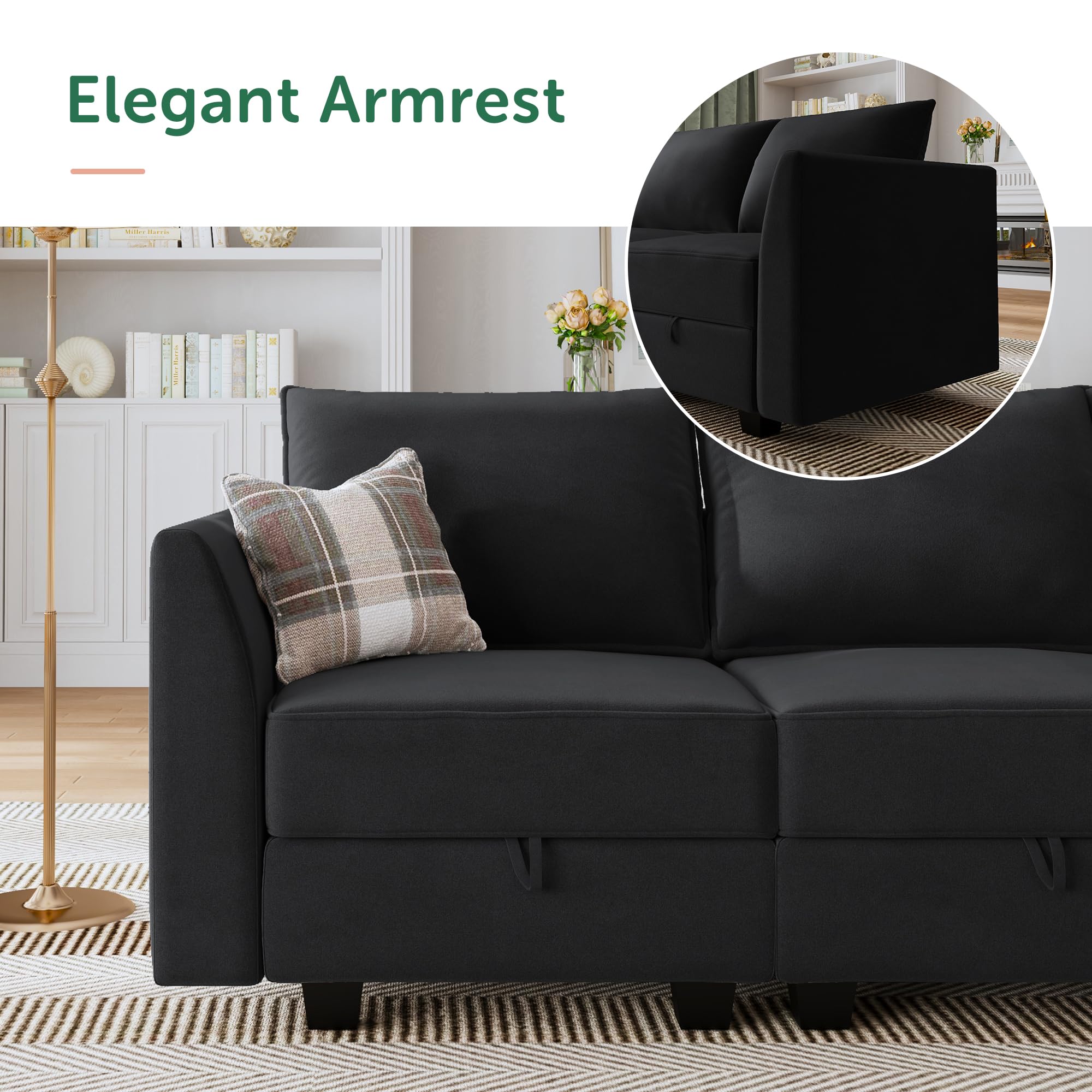 HONBAY Modular Sectional Sofa Convertible U Shaped Couch with Reversible Chaise Velvet Modular Sofa Sectional Couch with Storage Ottoman, Black