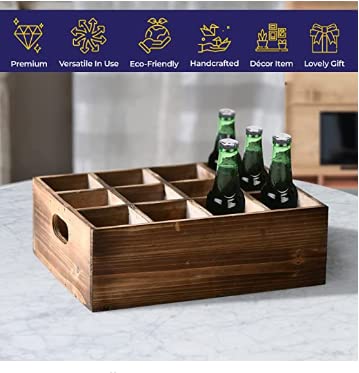 DFW Consumables - Farmhouse Wooden Crates for Display, 13" x 10" Wooden Bottle Caddy with 12 Individual Slots, Decorative Boxes with Carrying Handles