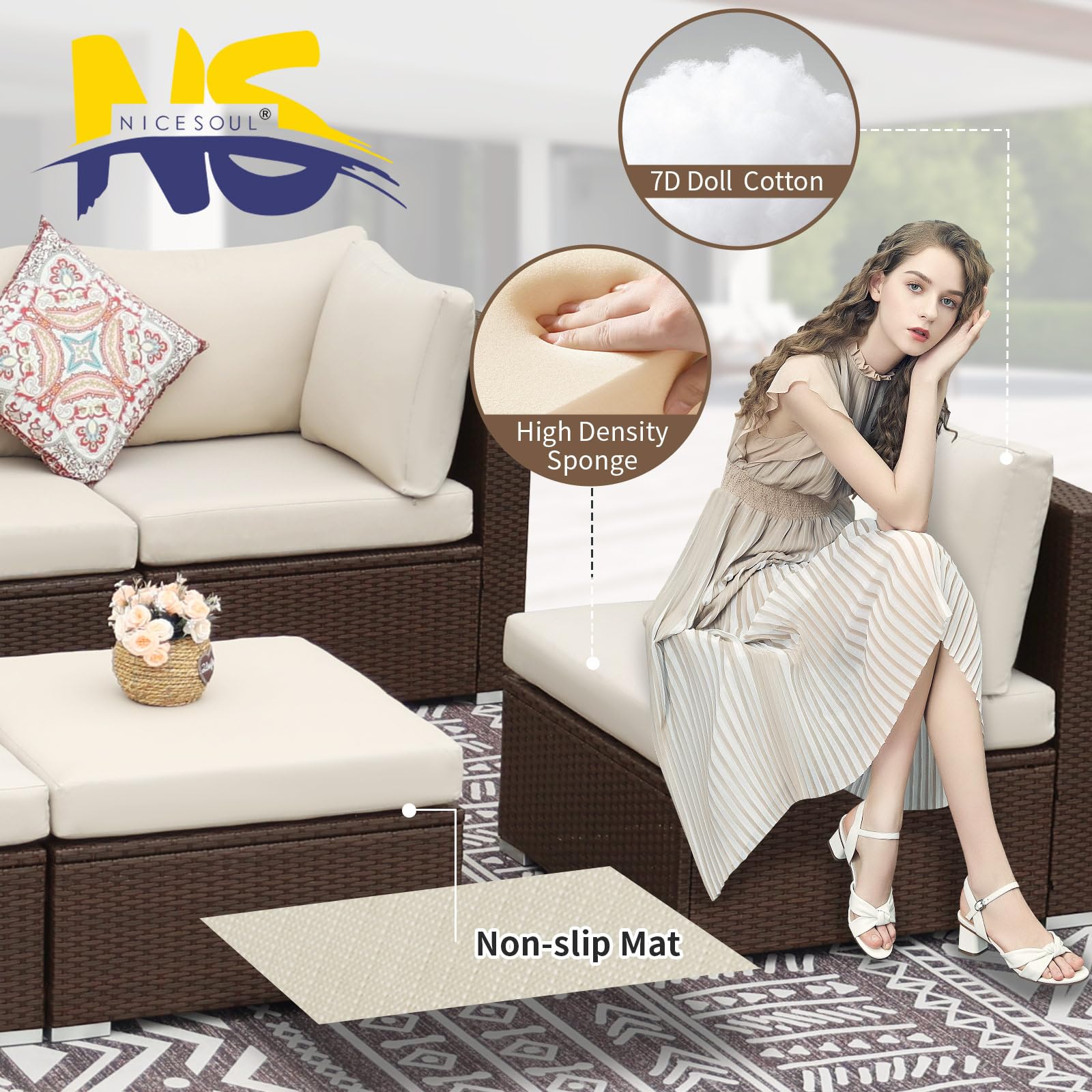 NICESOUL 8 Seat 29.3'' High Back Outdoor Furniture Set, Extra Large Brown PE Rattan Patio Conversation Sets, Deep Seating Modular Sectional with Ottoman, Oversized Conversations for Backyard, Beige