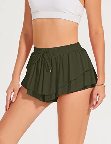 Loovoo Summer Flowy Athletic Shorts Women High Waisted Ruffle Layered Running Shorts Sporty Active Gym Shorts Army Green,M