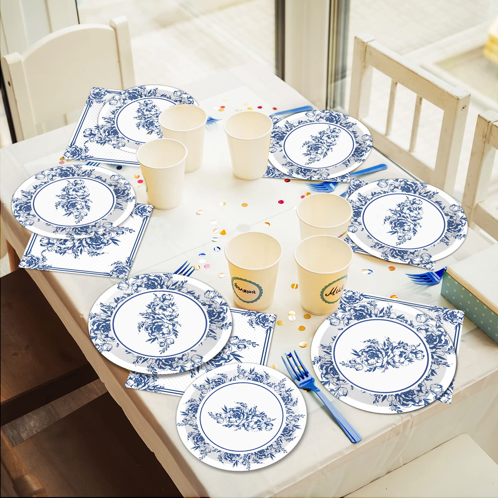 96 PCS Floral Blue & White Flower Party Tableware Set Disposable Party Supplies Decorations Bridal Birthday Baby Shower Tea Spring Summer Dinnerware Decor for Men Women Plates Napkins Forks Serve 24