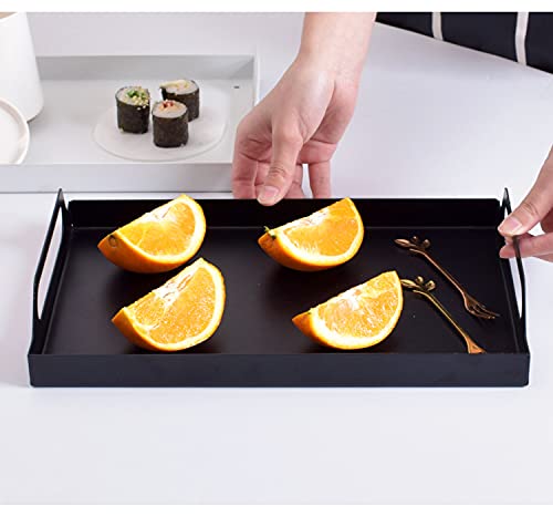 Peohud 2 Pack Black Metal Serving Tray, Decorative Coffee Table Tray with Handles, Vanity Platter Breakfast Tray for Eating, Storing, Bedroom, Kitchen, Living Room, Bathroom