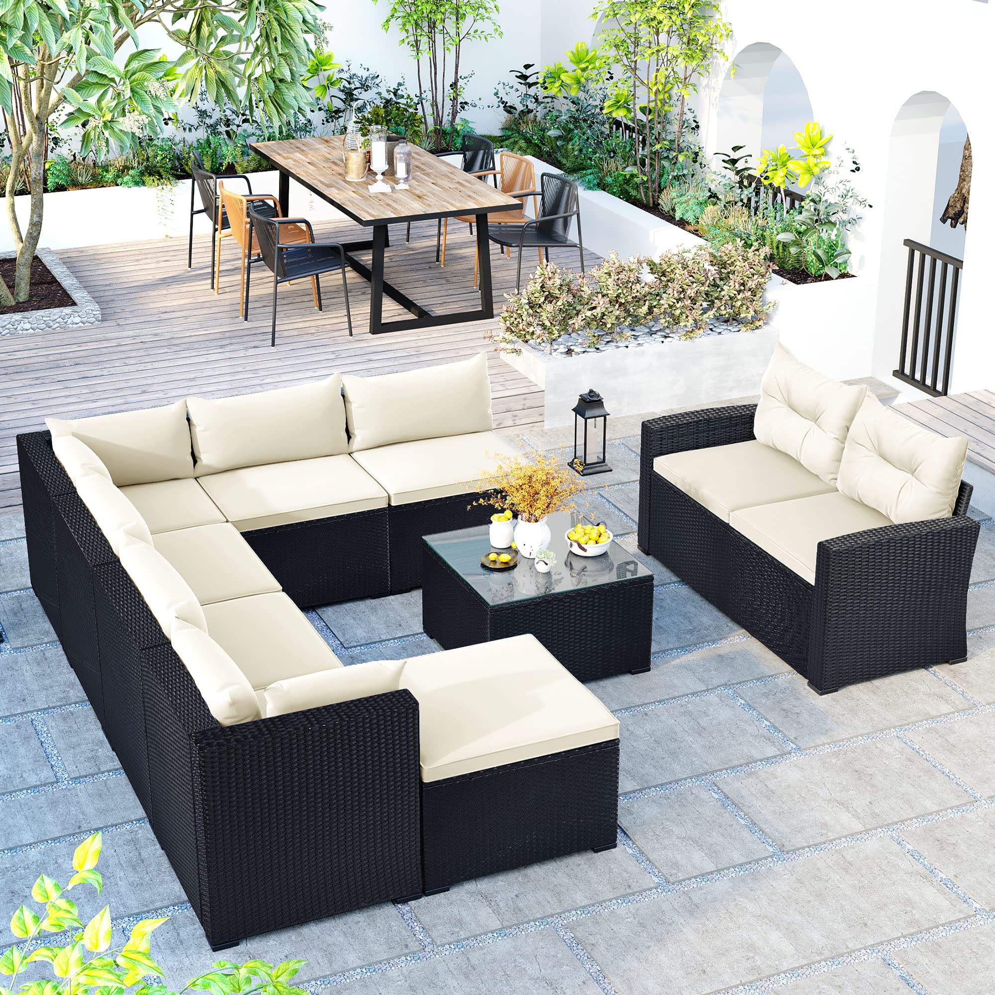 Modern Design 9 Piece Outdoor Large Wicker Sofa Set, Conversation Sectional Couch with Ottoman and Coffee Table, PE Wicker Rattan Furniture Set for Patio Balcony Backyard (Beige + Wicker-9-piece-1)