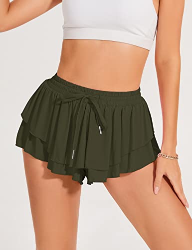 Loovoo Summer Flowy Athletic Shorts Women High Waisted Ruffle Layered Running Shorts Sporty Active Gym Shorts Army Green,M