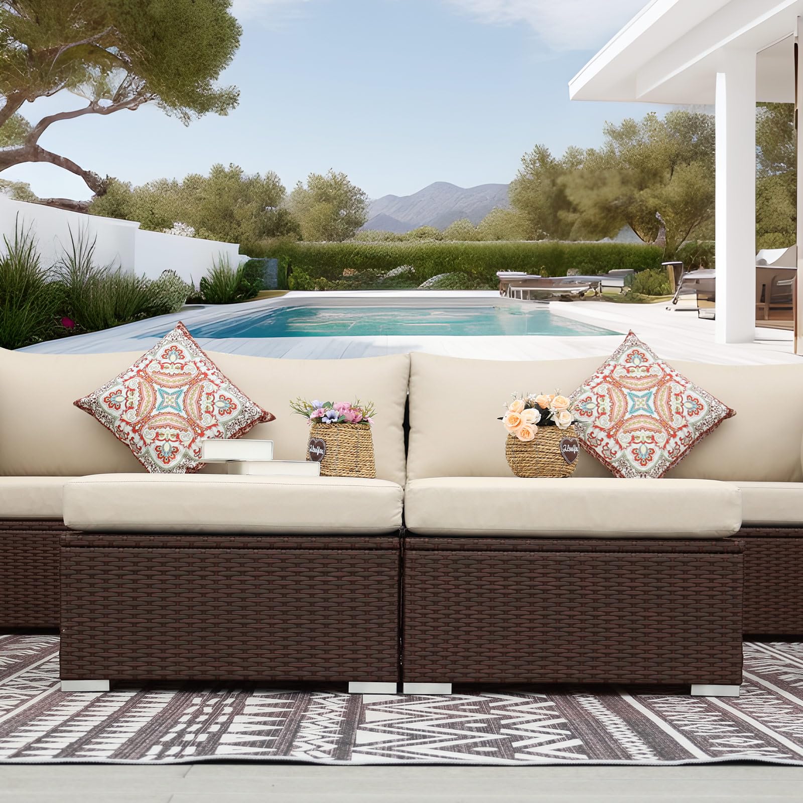 NICESOUL 8 Seat 29.3'' High Back Outdoor Furniture Set, Extra Large Brown PE Rattan Patio Conversation Sets, Deep Seating Modular Sectional with Ottoman, Oversized Conversations for Backyard, Beige