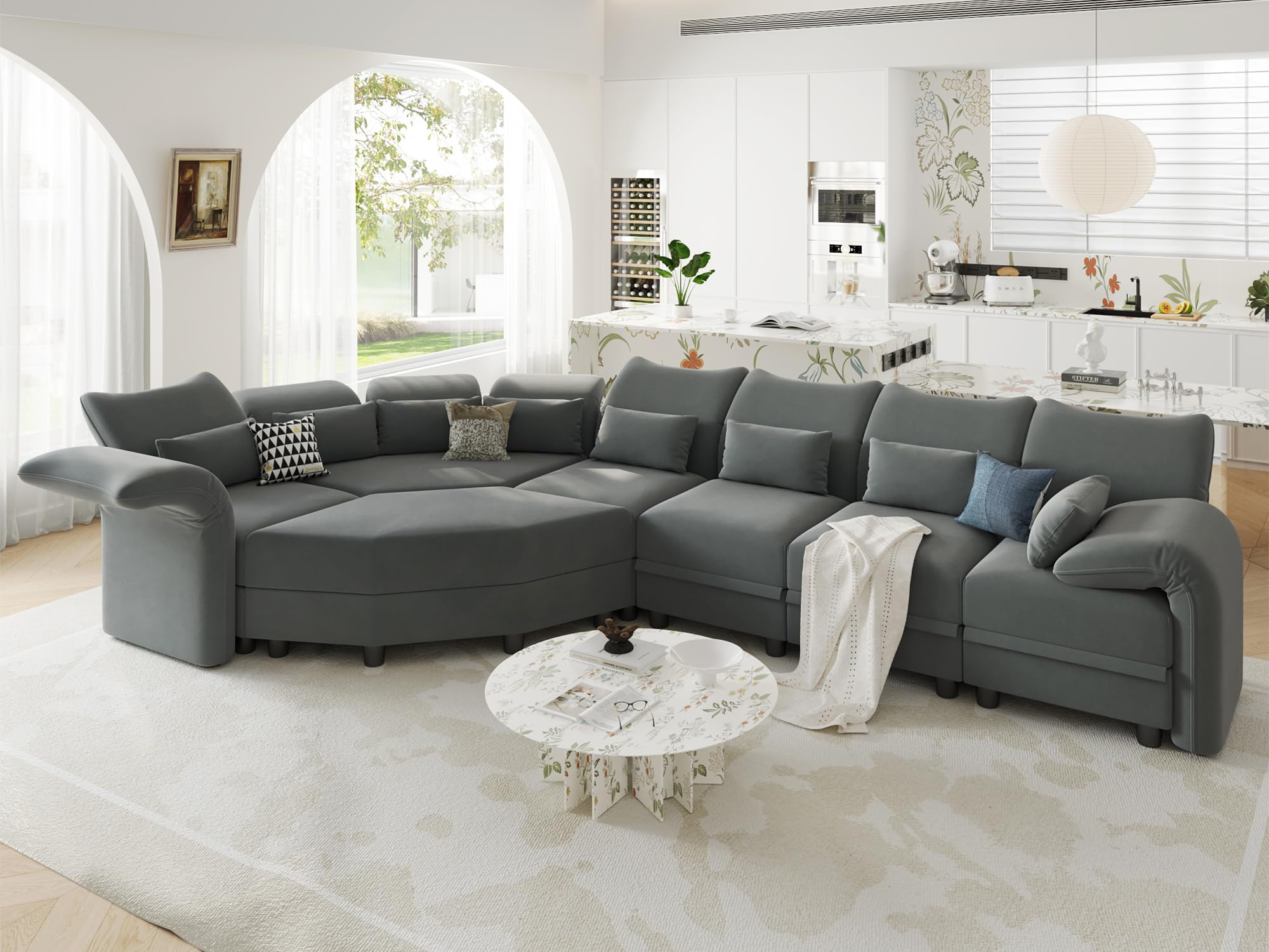 LLappuil Large Faux Leather Fabric Modular Sectional Sofa U Shaped Couch,Oversize U Shaped Leather Sectional Sofa for Living Room,Office,Grey