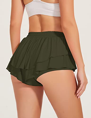 Loovoo Summer Flowy Athletic Shorts Women High Waisted Ruffle Layered Running Shorts Sporty Active Gym Shorts Army Green,M