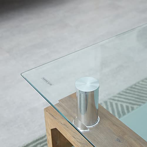 CLIPOP Rectangle Glass Coffee Table w/Tempered Glass Tabletop Stainless Steel Tube, 2-Tier Tea Table, Modern Center Side Table w/Lower Shelf & Wooden Legs for Living Room Guest Reception Room, Oak
