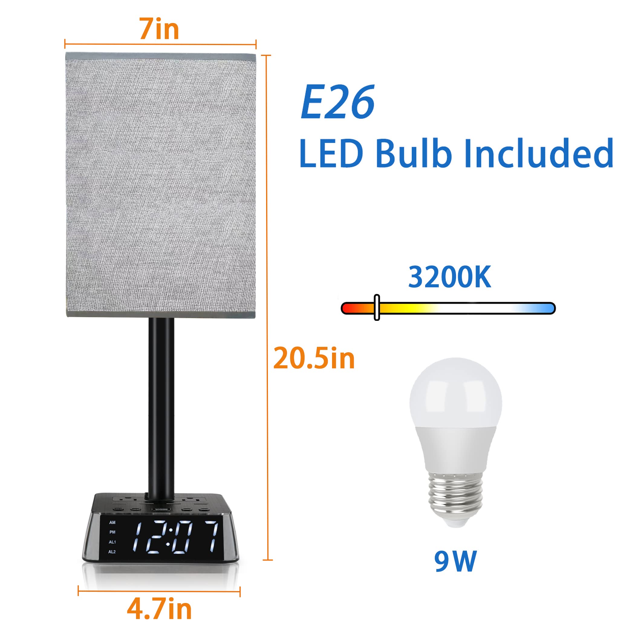 Table Lamp for Bedroom Nightstand - Bedside Lamp with Usb Charging Ports and Outlets,Touch Lamp with Clock, Modern Night Stand Lamps with Square Fabric Lampshade for Living Room(LED Bulb Included)