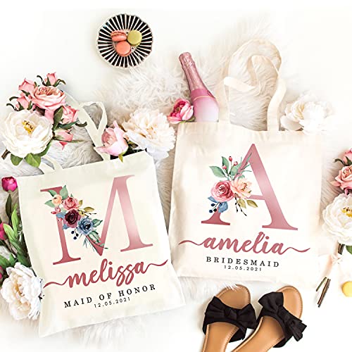 Generic Personalized Wedding Tote Bags Gift, Bride - Customized Floral Women Bag Custom Funny Beach Travel Grocery Bridesmaid Bachelorette Party Accessories Gifts C2, Beige, Single