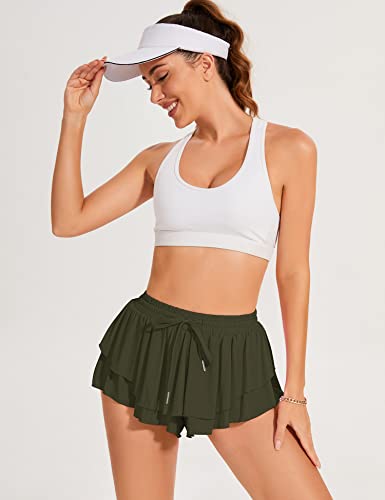 Loovoo Summer Flowy Athletic Shorts Women High Waisted Ruffle Layered Running Shorts Sporty Active Gym Shorts Army Green,M