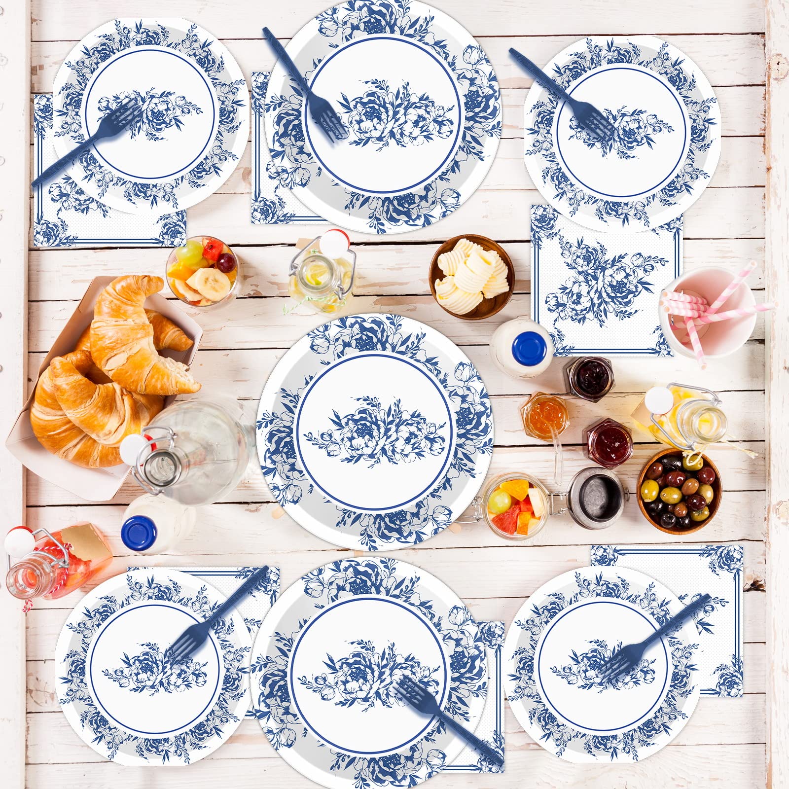 96 PCS Floral Blue & White Flower Party Tableware Set Disposable Party Supplies Decorations Bridal Birthday Baby Shower Tea Spring Summer Dinnerware Decor for Men Women Plates Napkins Forks Serve 24