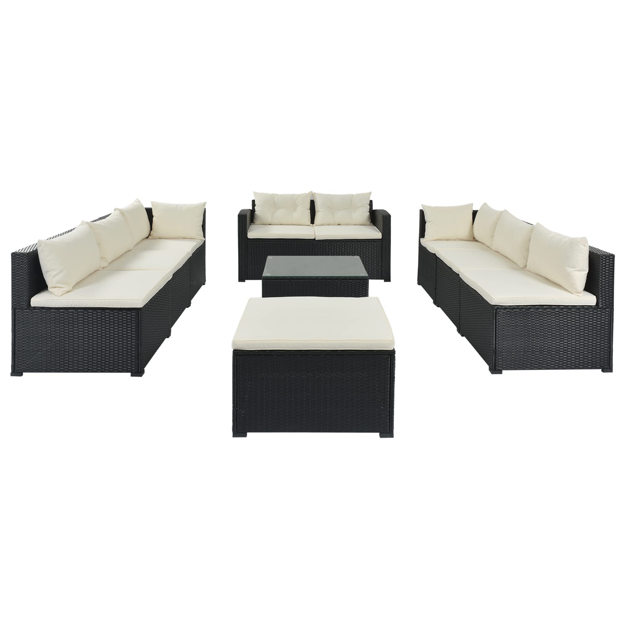 Modern Design 9 Piece Outdoor Large Wicker Sofa Set, Conversation Sectional Couch with Ottoman and Coffee Table, PE Wicker Rattan Furniture Set for Patio Balcony Backyard (Beige + Wicker-9-piece-1)