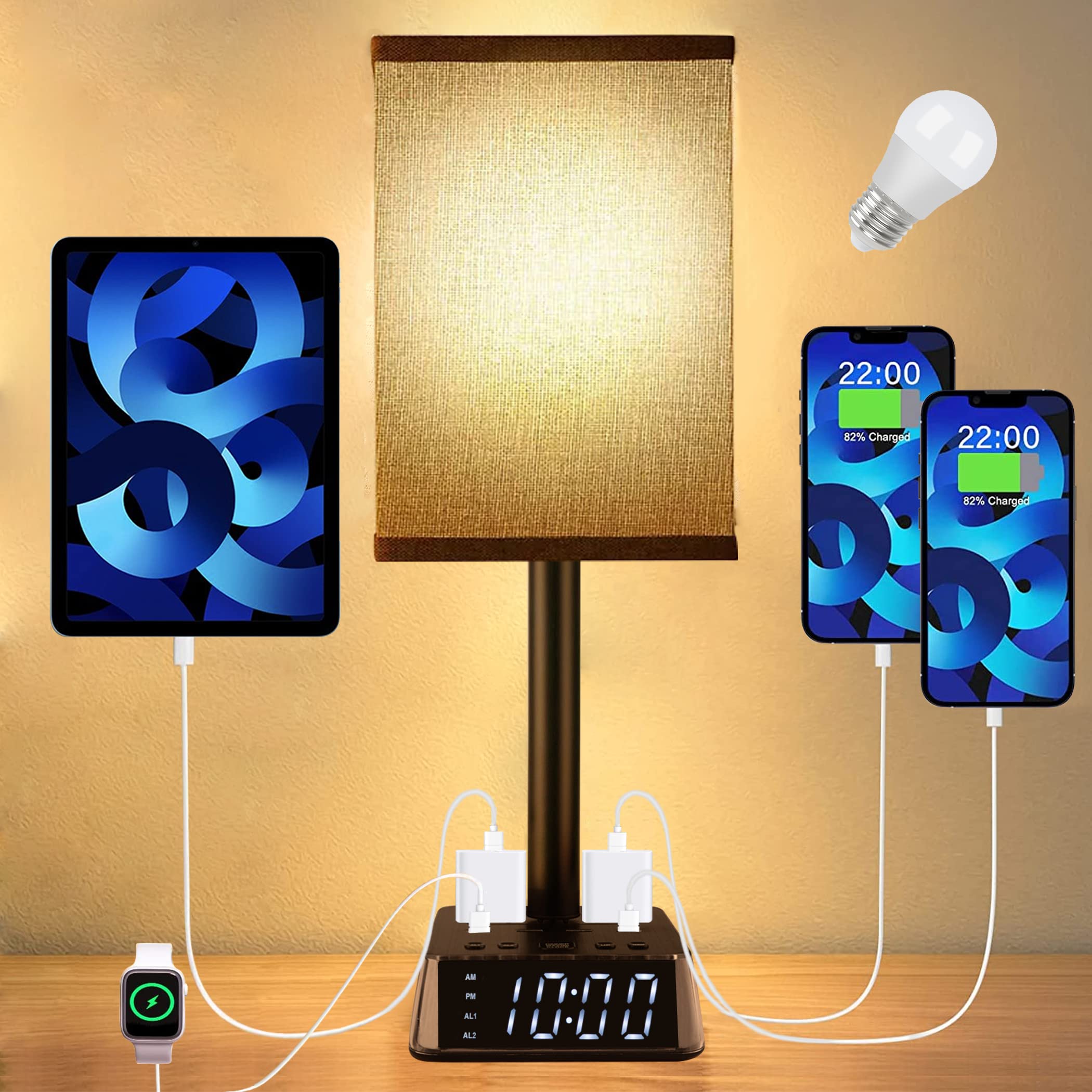 Table Lamp for Bedroom Nightstand - Bedside Lamp with Usb Charging Ports and Outlets,Touch Lamp with Clock, Modern Night Stand Lamps with Square Fabric Lampshade for Living Room(LED Bulb Included)