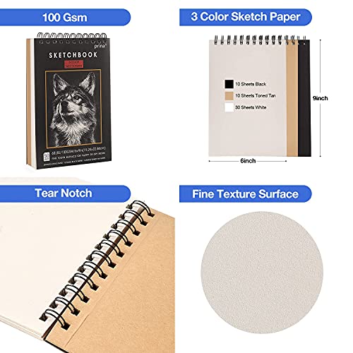 Prina 50 Pack Drawing Set Sketch Kit, Sketching Supplies with 3-Color Sketchbook, Graphite, and Charcoal Pencils, Pro Art Drawing Kit forĀ Artists Adults Teens Beginner Kid, Ideal for Shading, Blending