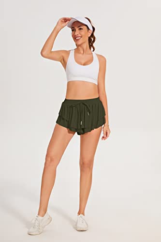 Loovoo Summer Flowy Athletic Shorts Women High Waisted Ruffle Layered Running Shorts Sporty Active Gym Shorts Army Green,M