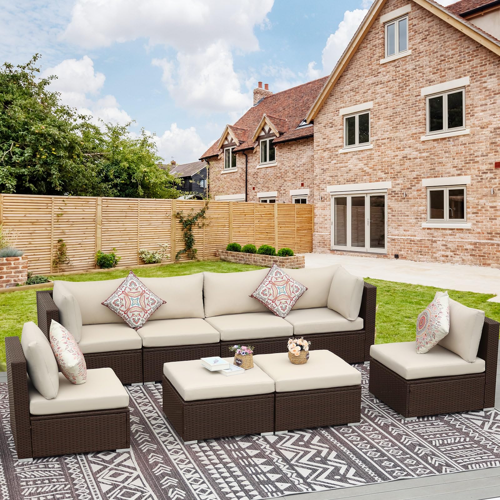 NICESOUL 8 Seat 29.3'' High Back Outdoor Furniture Set, Extra Large Brown PE Rattan Patio Conversation Sets, Deep Seating Modular Sectional with Ottoman, Oversized Conversations for Backyard, Beige