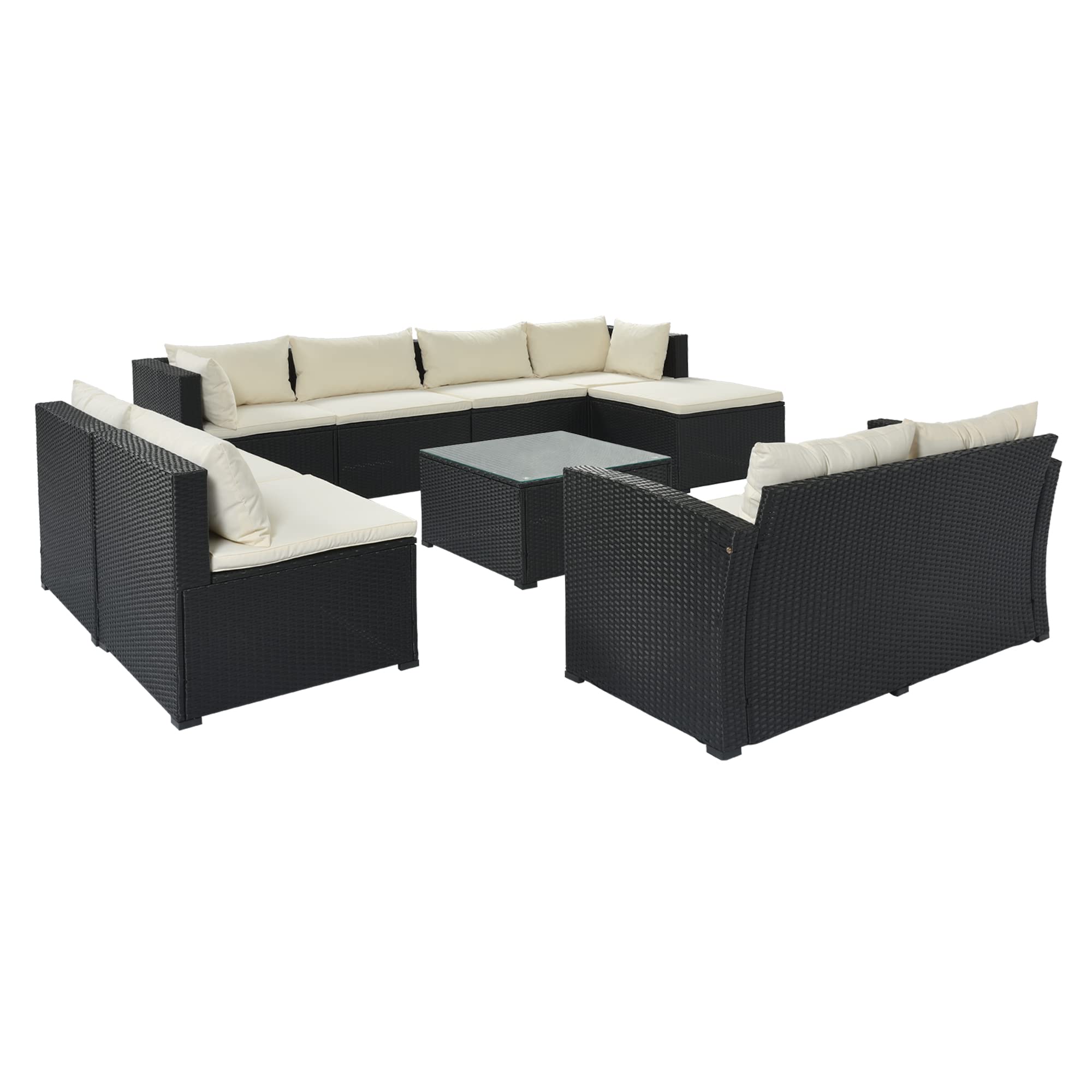 Modern Design 9 Piece Outdoor Large Wicker Sofa Set, Conversation Sectional Couch with Ottoman and Coffee Table, PE Wicker Rattan Furniture Set for Patio Balcony Backyard (Beige + Wicker-9-piece-1)