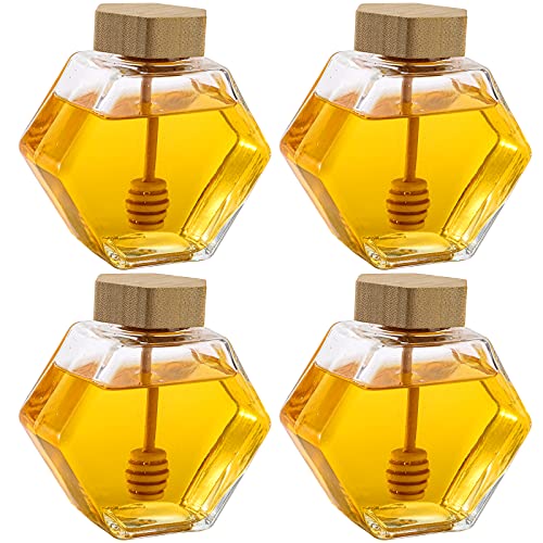 DEAYOU 4 Pack 7 Oz Honey Pot Jars, Glass Honey Pot with Wooden Dipper and Cork Lid, Hexagon Shape Honey Container Dispenser Storage, Clear Heat-Resistant Honeypot for Home, Kitchen