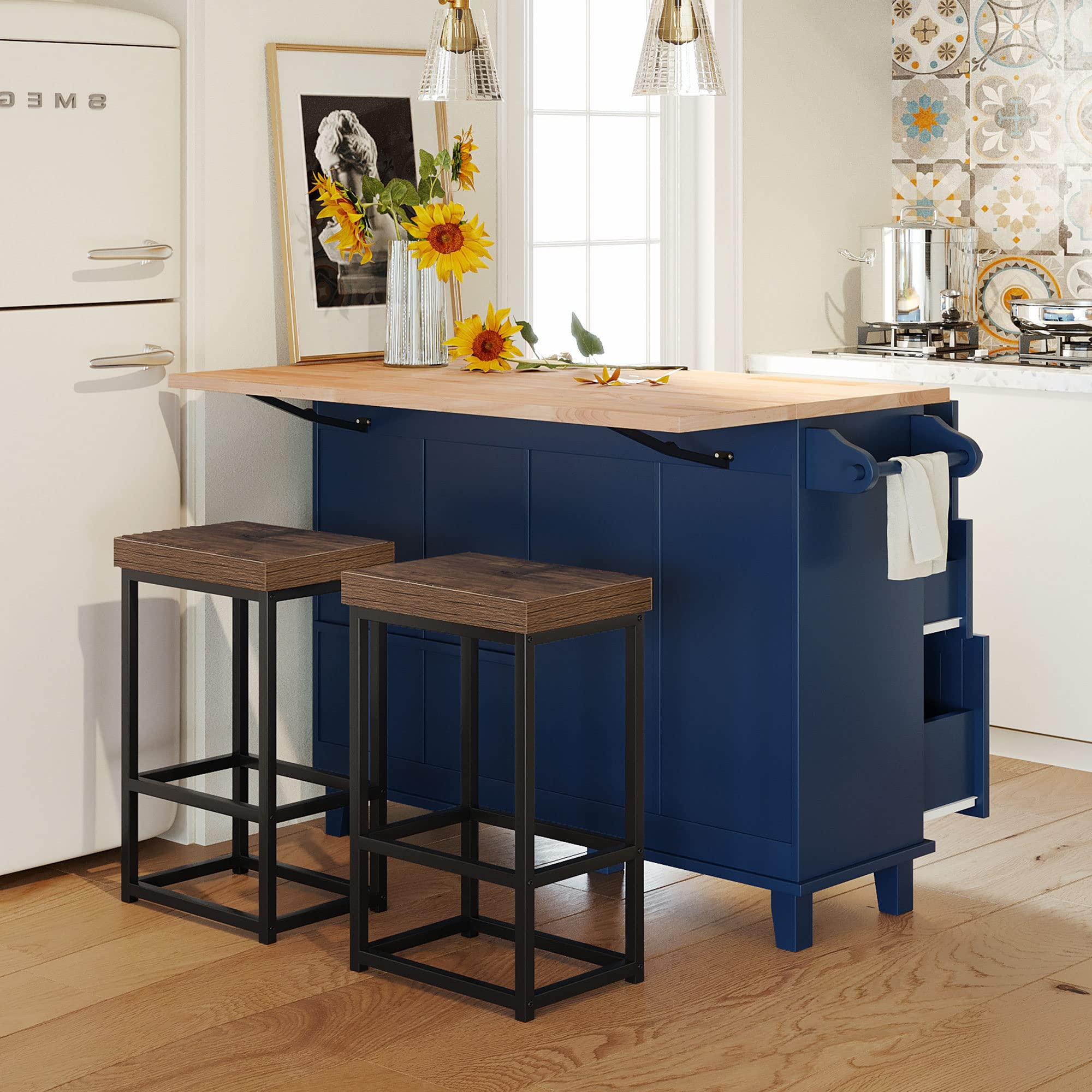 Merax Kitchen Island Set with 2 Stools, Solid Wood Dining Table with Drop Leaf Design, Storage Cabinet, Drawers and Towel Rack, Blue