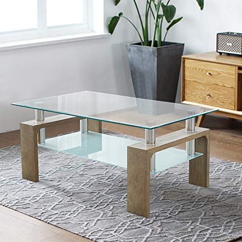 CLIPOP Rectangle Glass Coffee Table w/Tempered Glass Tabletop Stainless Steel Tube, 2-Tier Tea Table, Modern Center Side Table w/Lower Shelf & Wooden Legs for Living Room Guest Reception Room, Oak