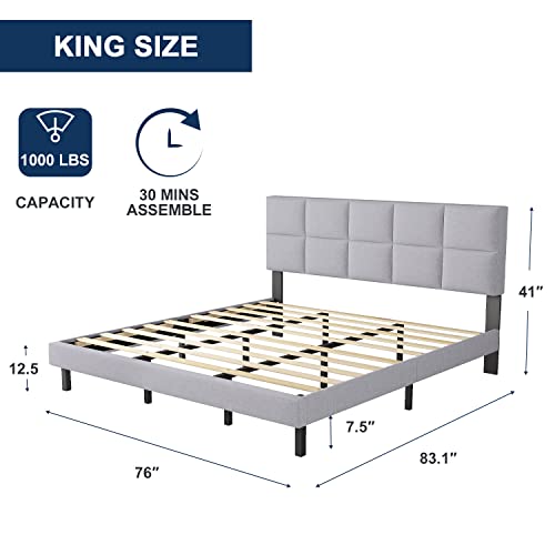 Molblly King Size Bed Frame Upholstered Platform with Headboard, Strong Frame and Wooden Slats Support, Linen Fabric Wrap, Non-Slip and Noise-Free,No Box Spring, Easy Assembly, Light Grey