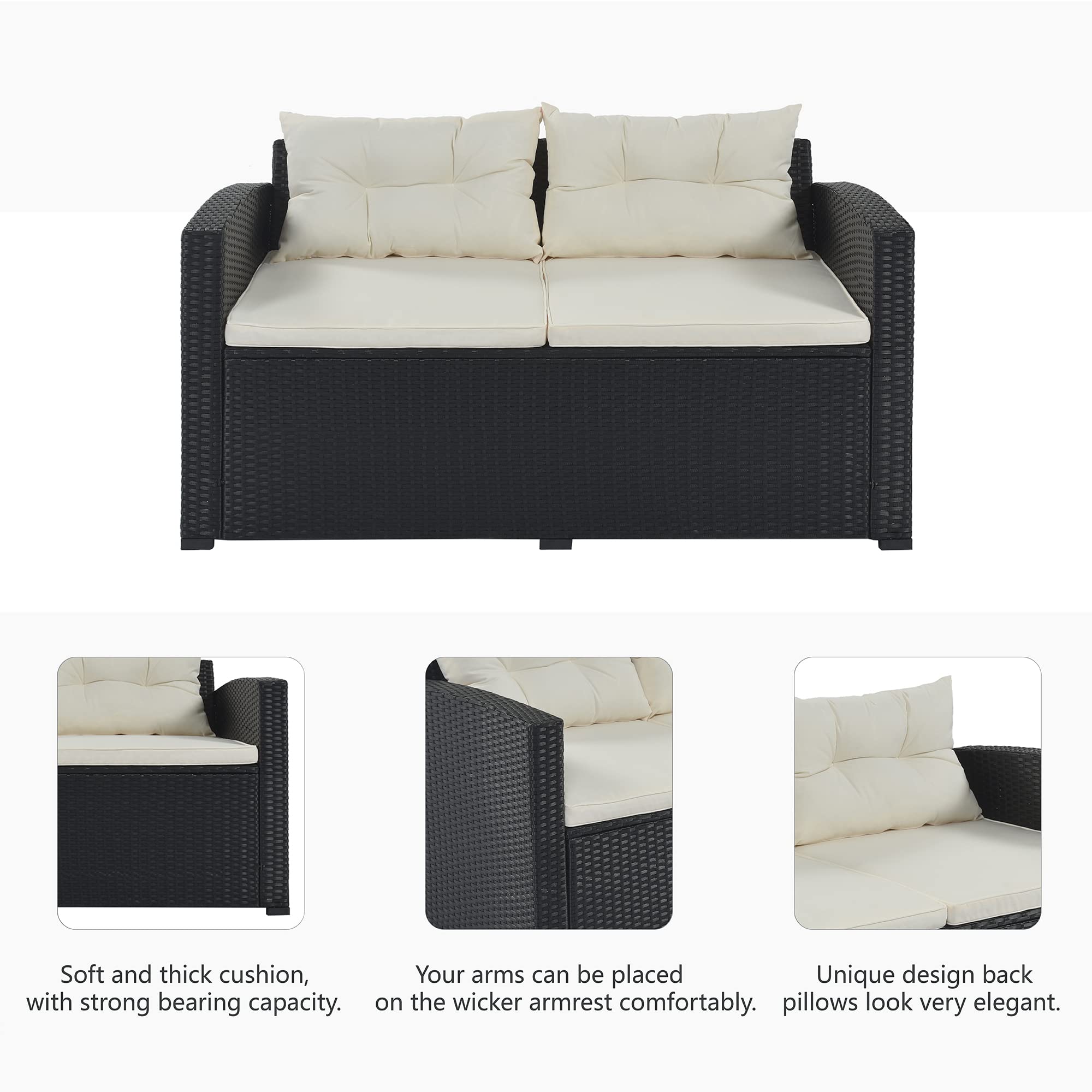 Modern Design 9 Piece Outdoor Large Wicker Sofa Set, Conversation Sectional Couch with Ottoman and Coffee Table, PE Wicker Rattan Furniture Set for Patio Balcony Backyard (Beige + Wicker-9-piece-1)