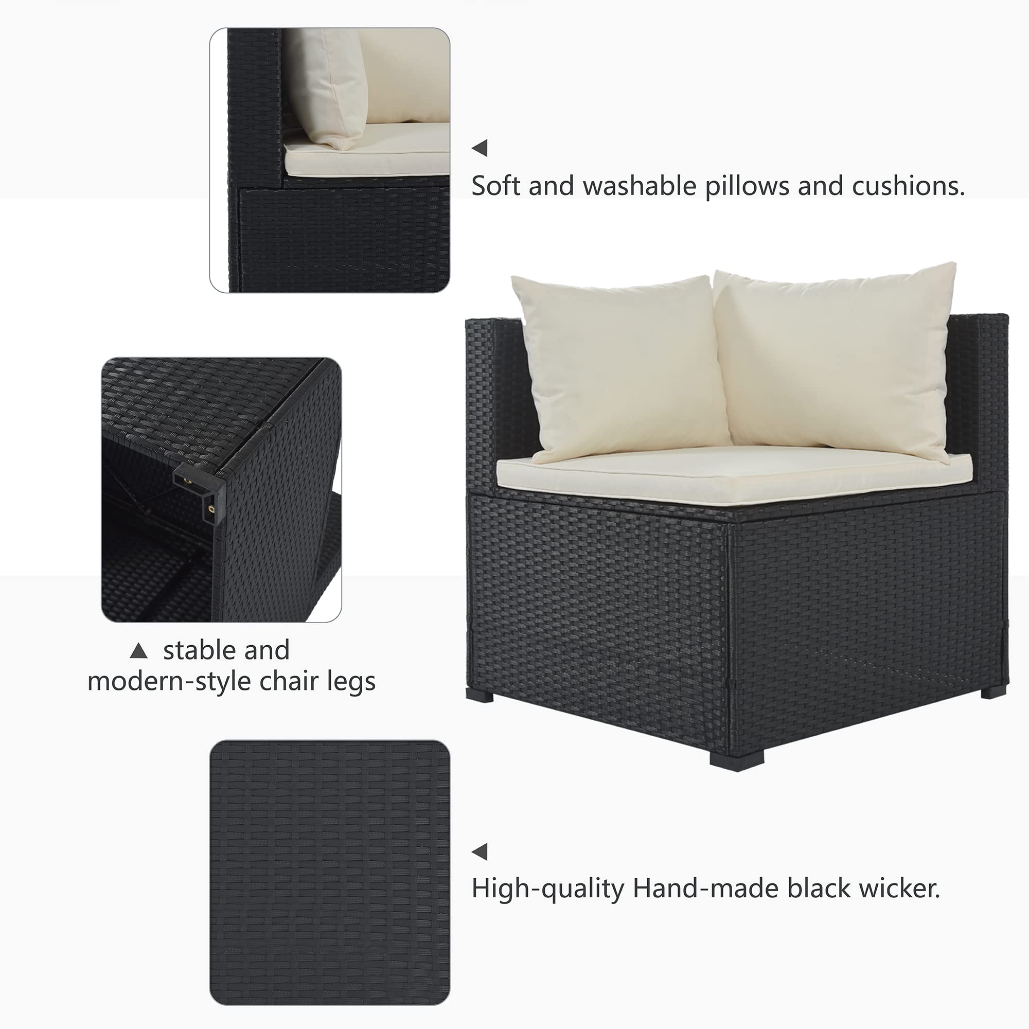 Modern Design 9 Piece Outdoor Large Wicker Sofa Set, Conversation Sectional Couch with Ottoman and Coffee Table, PE Wicker Rattan Furniture Set for Patio Balcony Backyard (Beige + Wicker-9-piece-1)