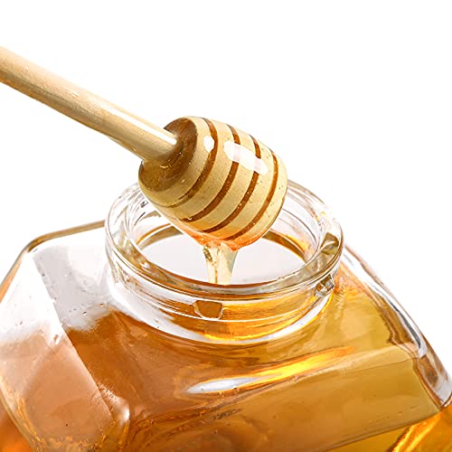 DEAYOU 4 Pack 7 Oz Honey Pot Jars, Glass Honey Pot with Wooden Dipper and Cork Lid, Hexagon Shape Honey Container Dispenser Storage, Clear Heat-Resistant Honeypot for Home, Kitchen
