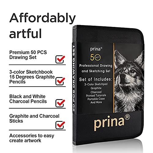 Prina 50 Pack Drawing Set Sketch Kit, Sketching Supplies with 3-Color Sketchbook, Graphite, and Charcoal Pencils, Pro Art Drawing Kit forĀ Artists Adults Teens Beginner Kid, Ideal for Shading, Blending