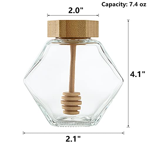DEAYOU 4 Pack 7 Oz Honey Pot Jars, Glass Honey Pot with Wooden Dipper and Cork Lid, Hexagon Shape Honey Container Dispenser Storage, Clear Heat-Resistant Honeypot for Home, Kitchen