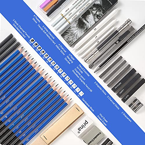 Prina 50 Pack Drawing Set Sketch Kit, Sketching Supplies with 3-Color Sketchbook, Graphite, and Charcoal Pencils, Pro Art Drawing Kit forĀ Artists Adults Teens Beginner Kid, Ideal for Shading, Blending