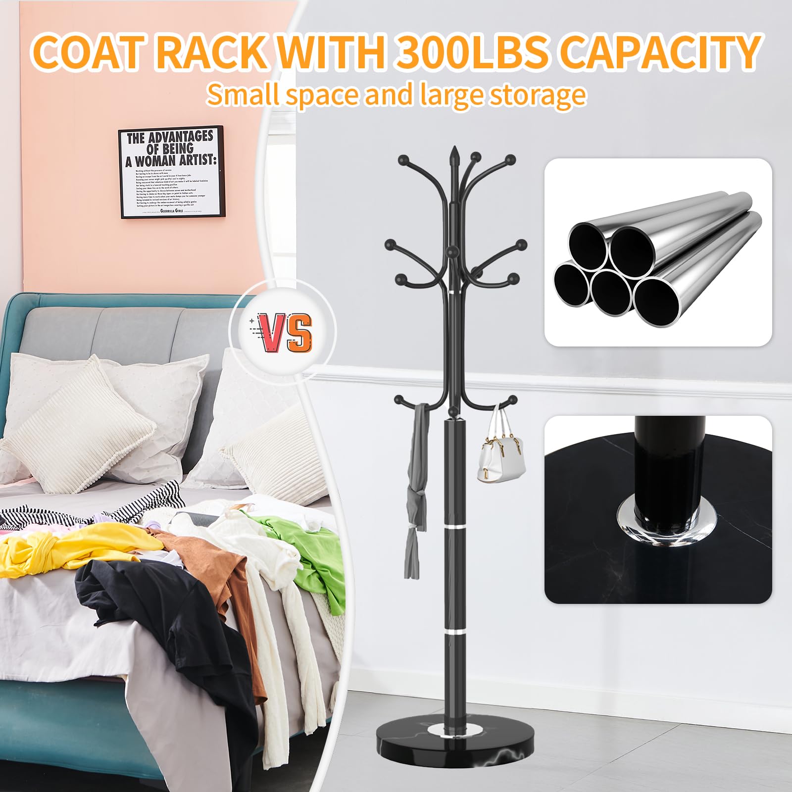 Snaikor Metal Coat Rack Freestanding, Sturdy Coat Rack Stand with Natural Marble Base, Coat Racks Tree Hats Hanger Holder Stand for Entryway, Hallway(12 Hooks)