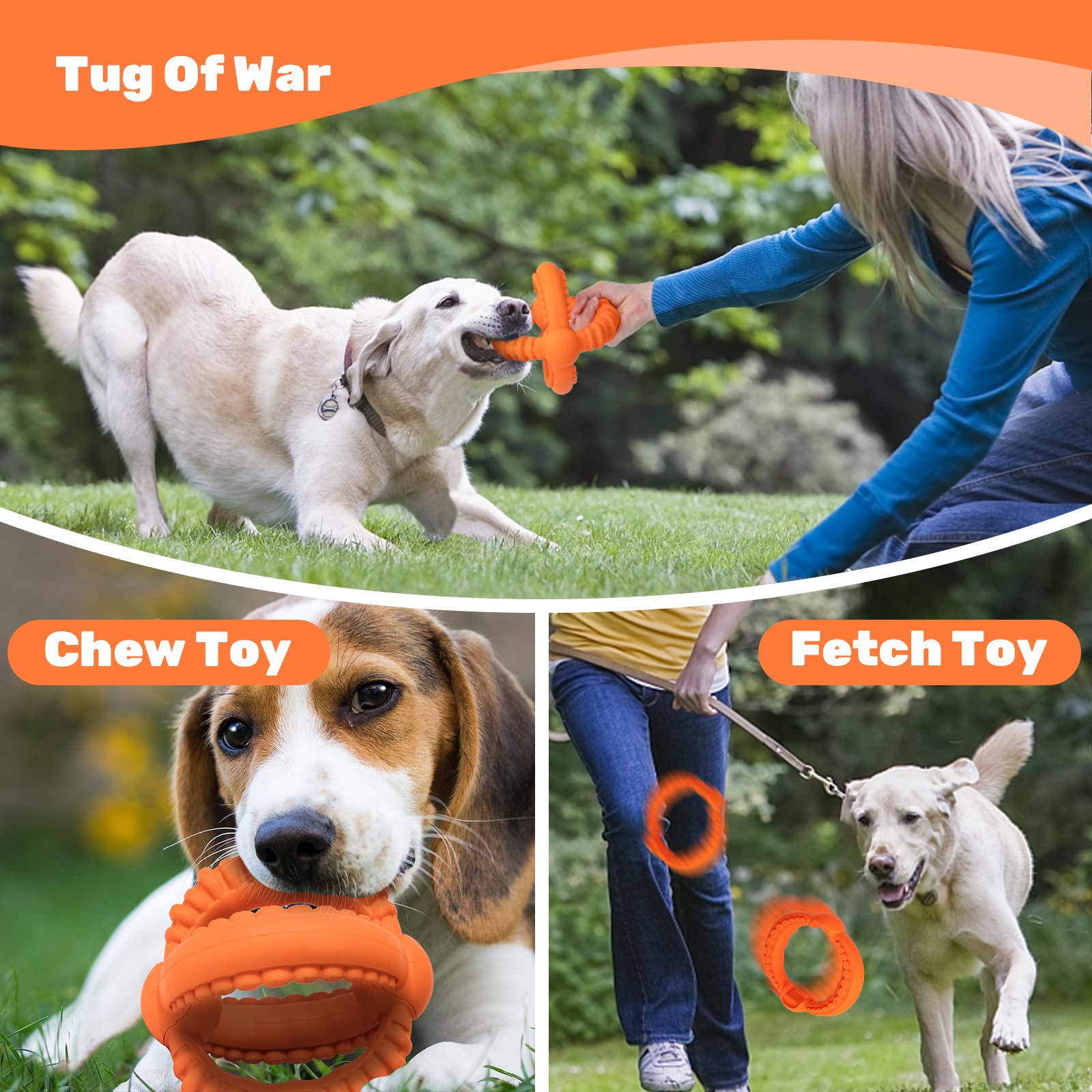 IFurffy Interactive Dog Toys, Dog Chew Toys with 2 Rings for Large Breed, Detachable Dog Tug Toy with Nature Rubber for Teeth Cleaning and Fetch Training
