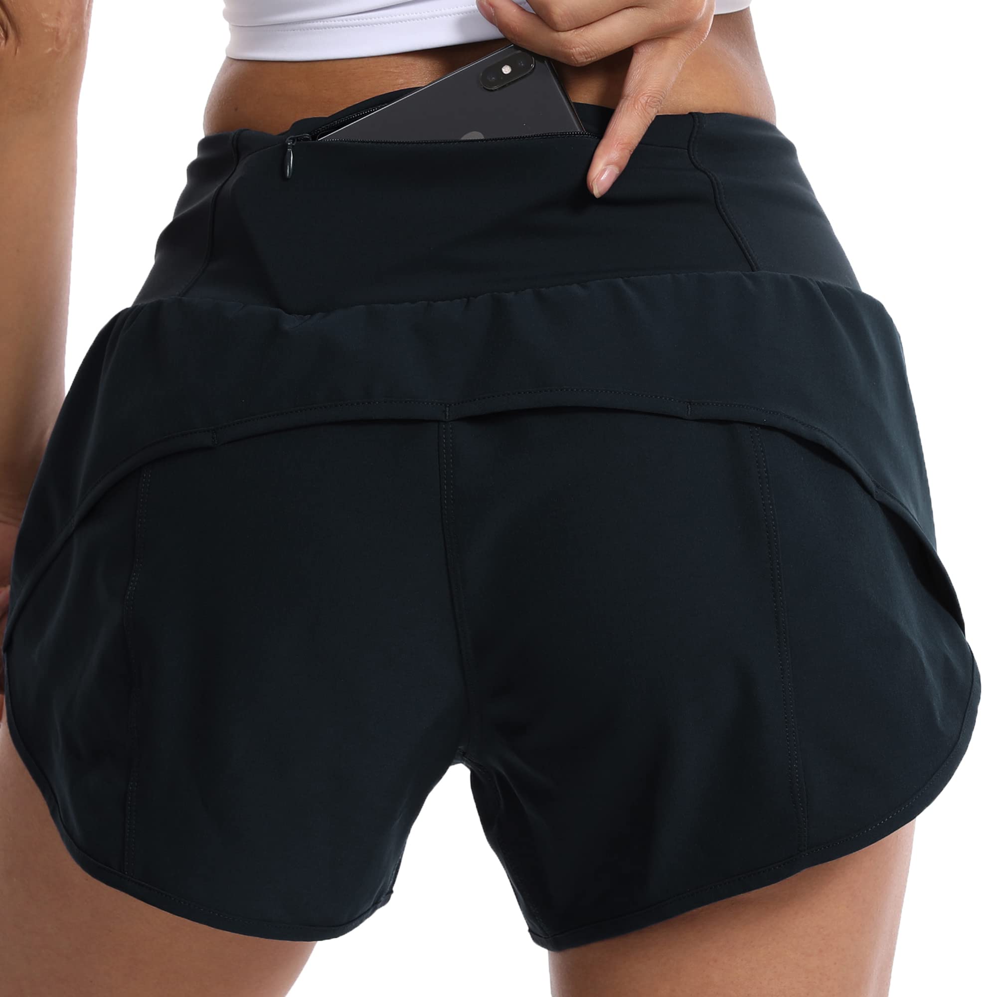 Kcutteyg Running Shorts for Women with Liner High Waisted Lightweight Womens Workout Shorts with Back Pocket- 4" (Black, S)