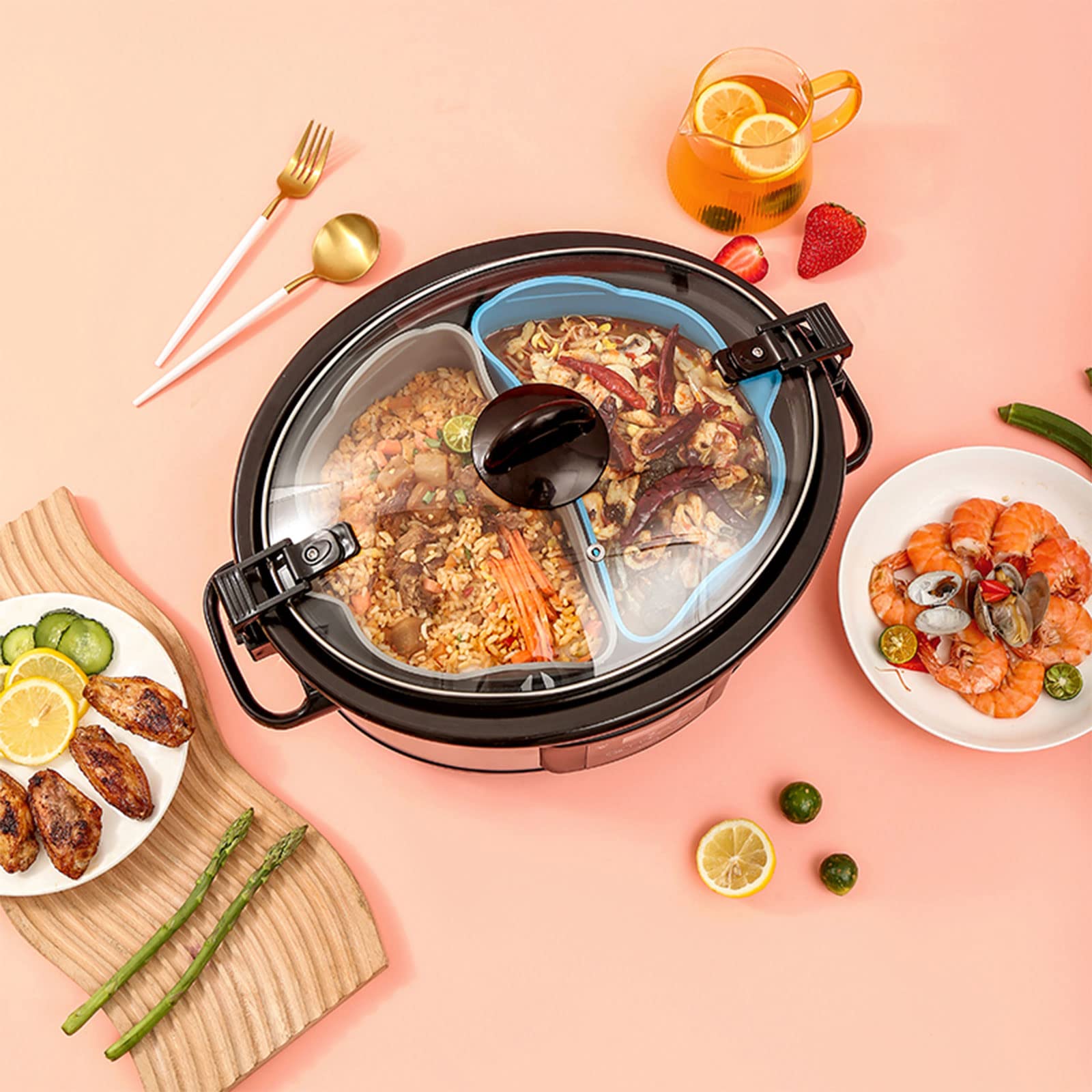 Slow Cooker Divider Liner Fit 6 QT Crockpot, 2 in 1 Reusable & Leakproof Silicone Crockpot Divider Slow Cooker Divider with 2pcs Anti-Hot Glove