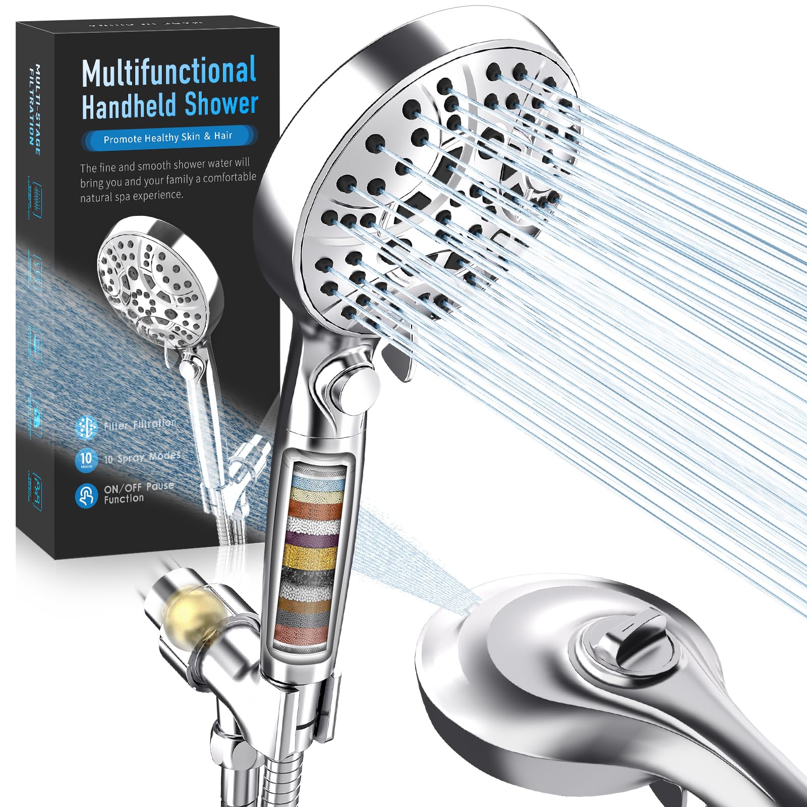 JONKEAN Handheld Water Softener Shower Head with Filter for Hard Water, Detachable Powerful Hand Held Shower Heads High Pressure, Pause Filtering Shower Head to Remove Chlorine and Fluoride (Chrome)