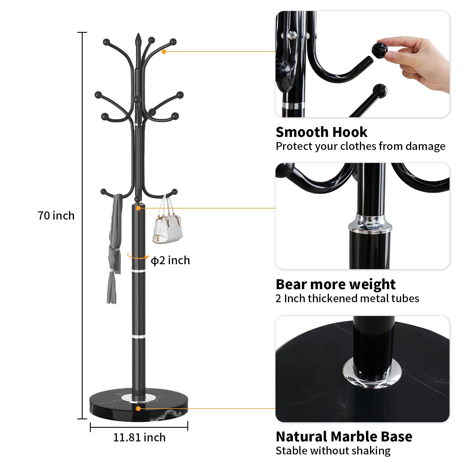 Snaikor Metal Coat Rack Freestanding, Sturdy Coat Rack Stand with Natural Marble Base, Coat Racks Tree Hats Hanger Holder Stand for Entryway, Hallway(12 Hooks)