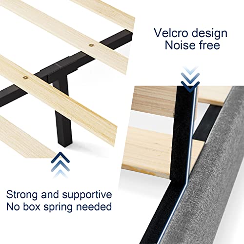Molblly King Size Bed Frame Upholstered Platform with Headboard, Strong Frame and Wooden Slats Support, Linen Fabric Wrap, Non-Slip and Noise-Free,No Box Spring, Easy Assembly, Light Grey