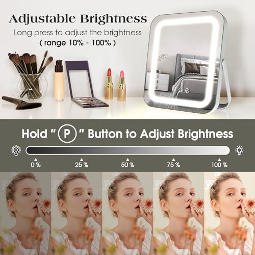 Sucedey Makeup Mirror with Lights, 12"x10" Lighted Vanity Mirror, 3 Color Modes & Adjustable Brightness, Detachable 10x Magnification, 360°Rotation (White)