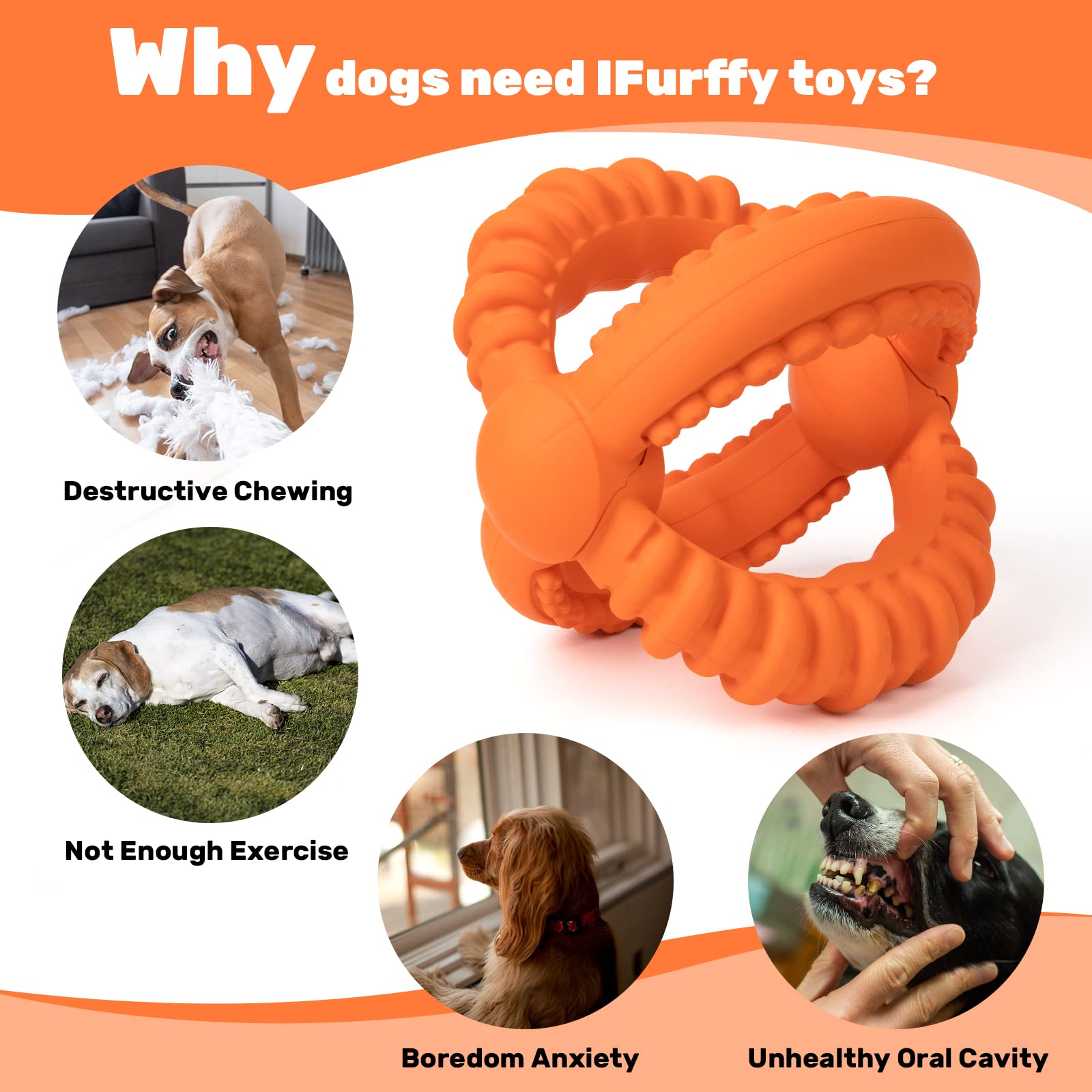 IFurffy Interactive Dog Toys, Dog Chew Toys with 2 Rings for Large Breed, Detachable Dog Tug Toy with Nature Rubber for Teeth Cleaning and Fetch Training