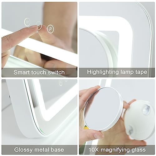 Sucedey Makeup Mirror with Lights, 12"x10" Lighted Vanity Mirror, 3 Color Modes & Adjustable Brightness, Detachable 10x Magnification, 360°Rotation (White)