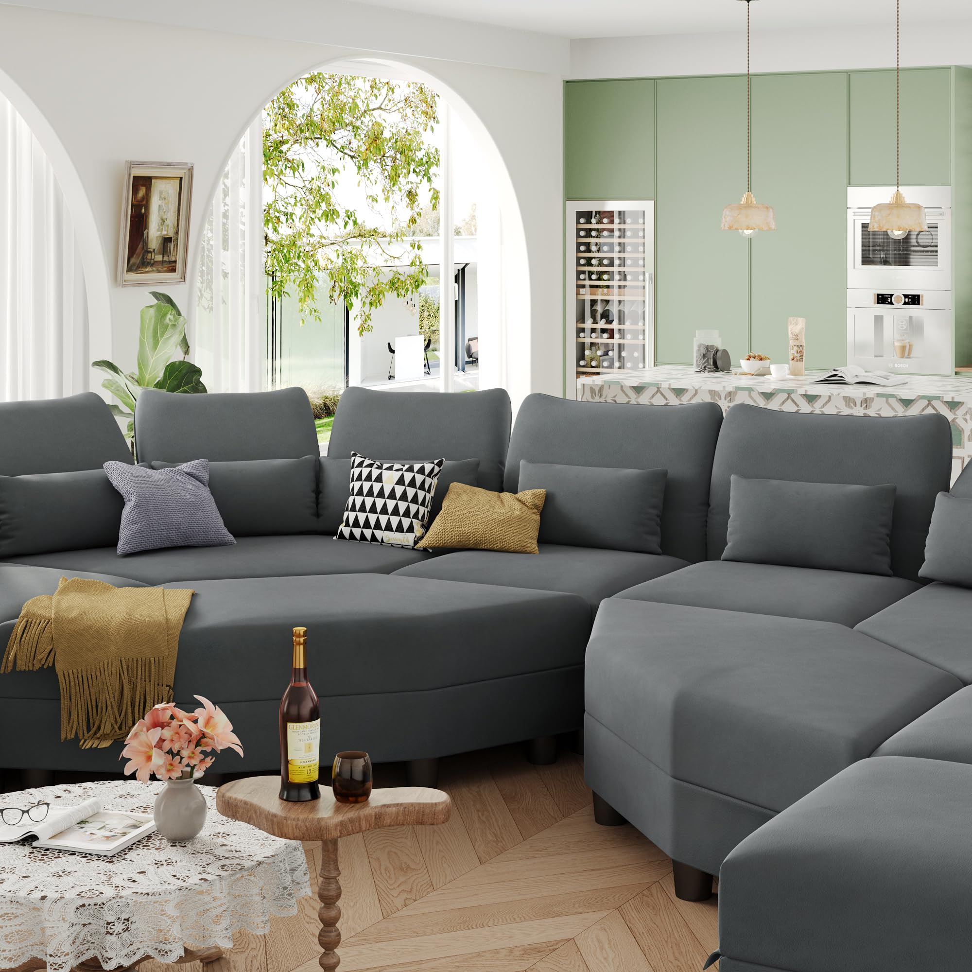 LLappuil Large Faux Leather Fabric Modular Sectional Sofa U Shaped Couch,Oversize U Shaped Leather Sectional Sofa for Living Room,Office,Grey