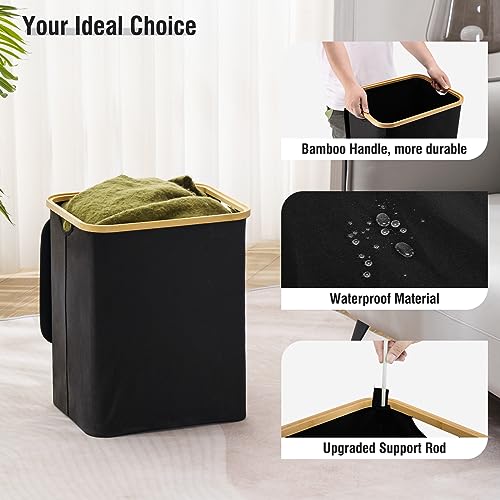 Laundry Hamper with Lid by TECHMILLY, 66L Small Tall Laundry Basket with Bamboo Handles for Clothes and Toys, Collapsible Laundry Basket with Removable Inner Bag for Bedroom and Bathroom, Black