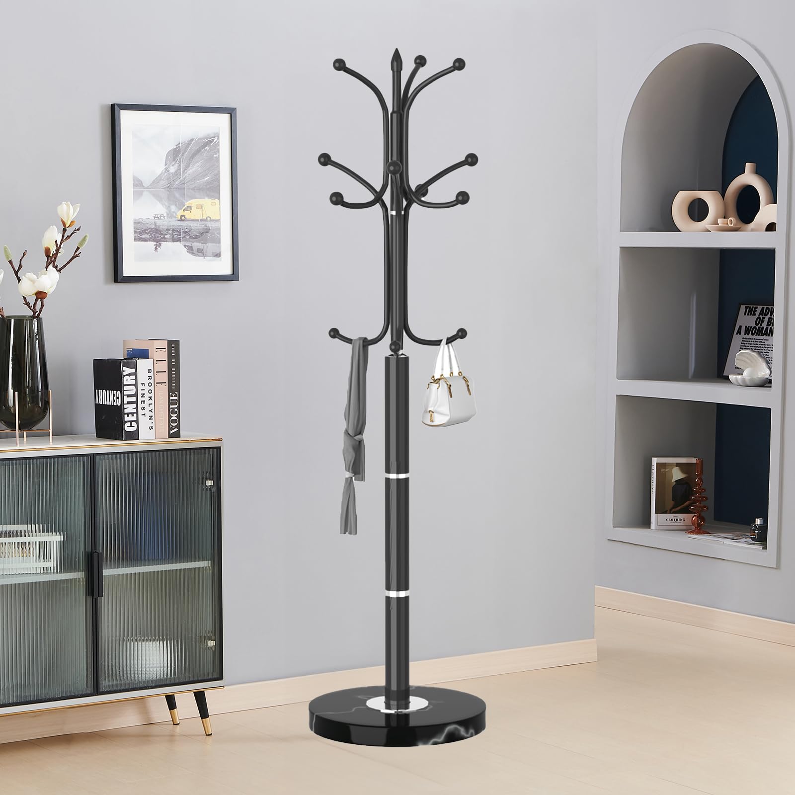 Snaikor Metal Coat Rack Freestanding, Sturdy Coat Rack Stand with Natural Marble Base, Coat Racks Tree Hats Hanger Holder Stand for Entryway, Hallway(12 Hooks)