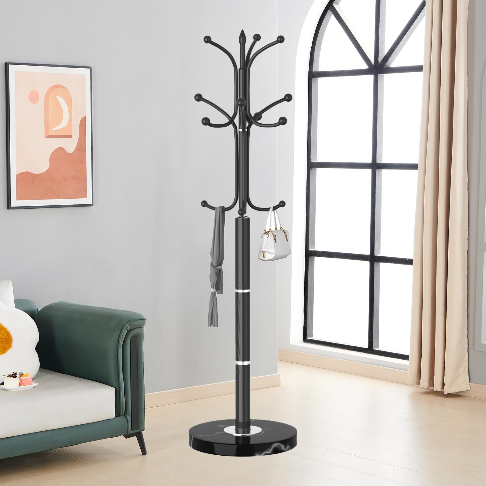 Snaikor Metal Coat Rack Freestanding, Sturdy Coat Rack Stand with Natural Marble Base, Coat Racks Tree Hats Hanger Holder Stand for Entryway, Hallway(12 Hooks)