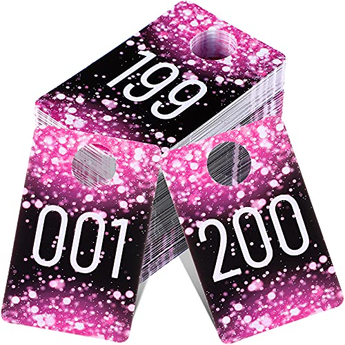 Jetec 200 Pieces 3.5 x 2.2 Inch Live Plastic Number Tags Consecutive Live Number Tag, 001-200 Reusable Normal and Reversed Mirrored Image Number Tag for Live, Hanger Card for Clothes (Pink)