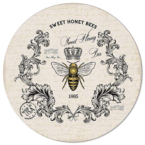Indoor Round Area Rugs, Sweet Honey Bee Vintage Floral Print Non-Slip Accent Area Floor Carpet Mat for Living Room Kitchen Porch Kids Room, 4ft Diameter