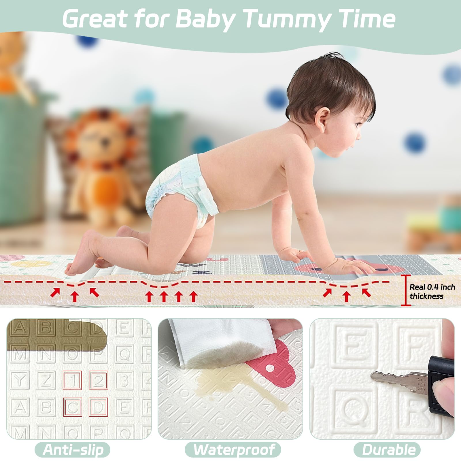 Baby Play Mat 79x71x0.4 Inch, Extra Large Waterproof Foldable Play Mat for Floor, Reversible Thickened Foam Activity Playmat for Babies, Toddlers, Kids, Safe Anti-Slip Tummy Time Baby Crawling Mat