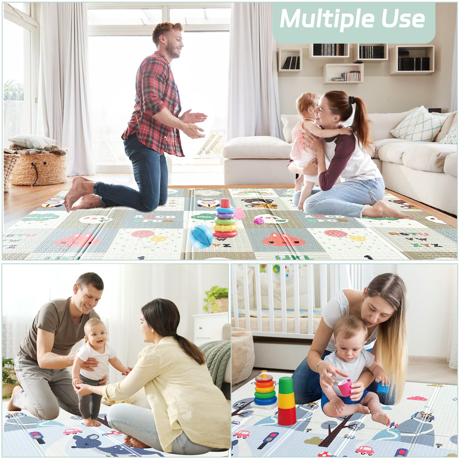 Baby Play Mat 79x71x0.4 Inch, Extra Large Waterproof Foldable Play Mat for Floor, Reversible Thickened Foam Activity Playmat for Babies, Toddlers, Kids, Safe Anti-Slip Tummy Time Baby Crawling Mat